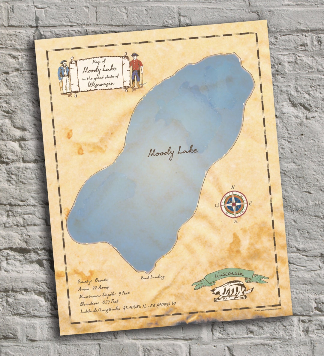 Moody Lake, Wisconsin. Vintage-inspired Lake Map Print. Custom Wall Art ...