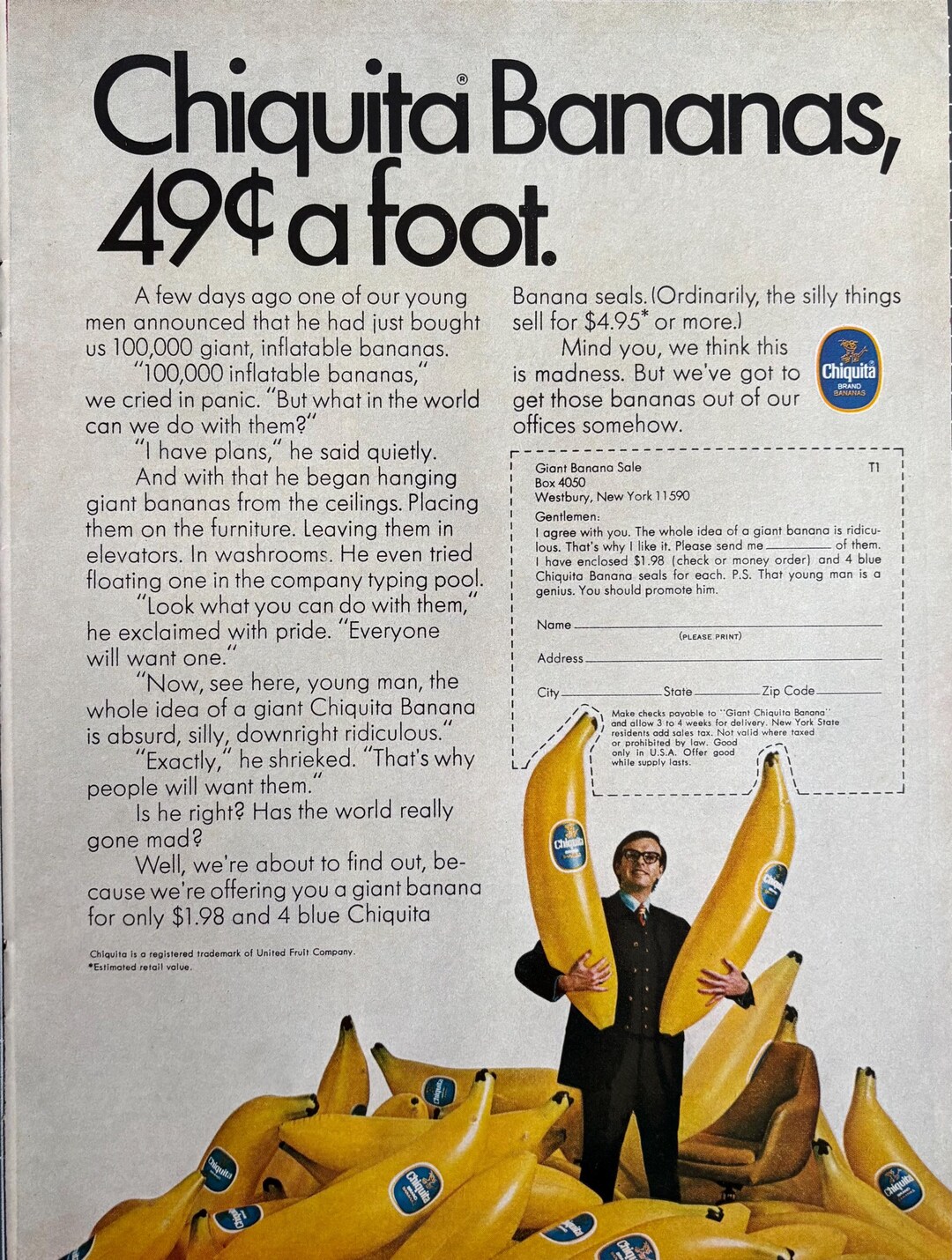 1970 Chiquita Banana Original Vintage Advertisement Inflatable Banana ...