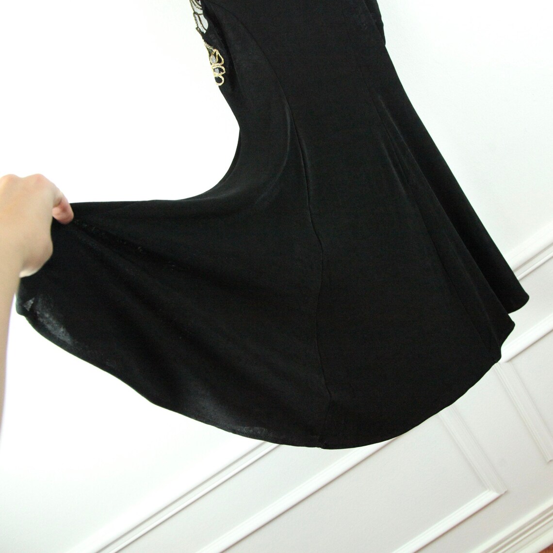 VTG 90s Clingy Nylon Stretch Black Mini Dress Gold Sheer Top Sexy Hip ...