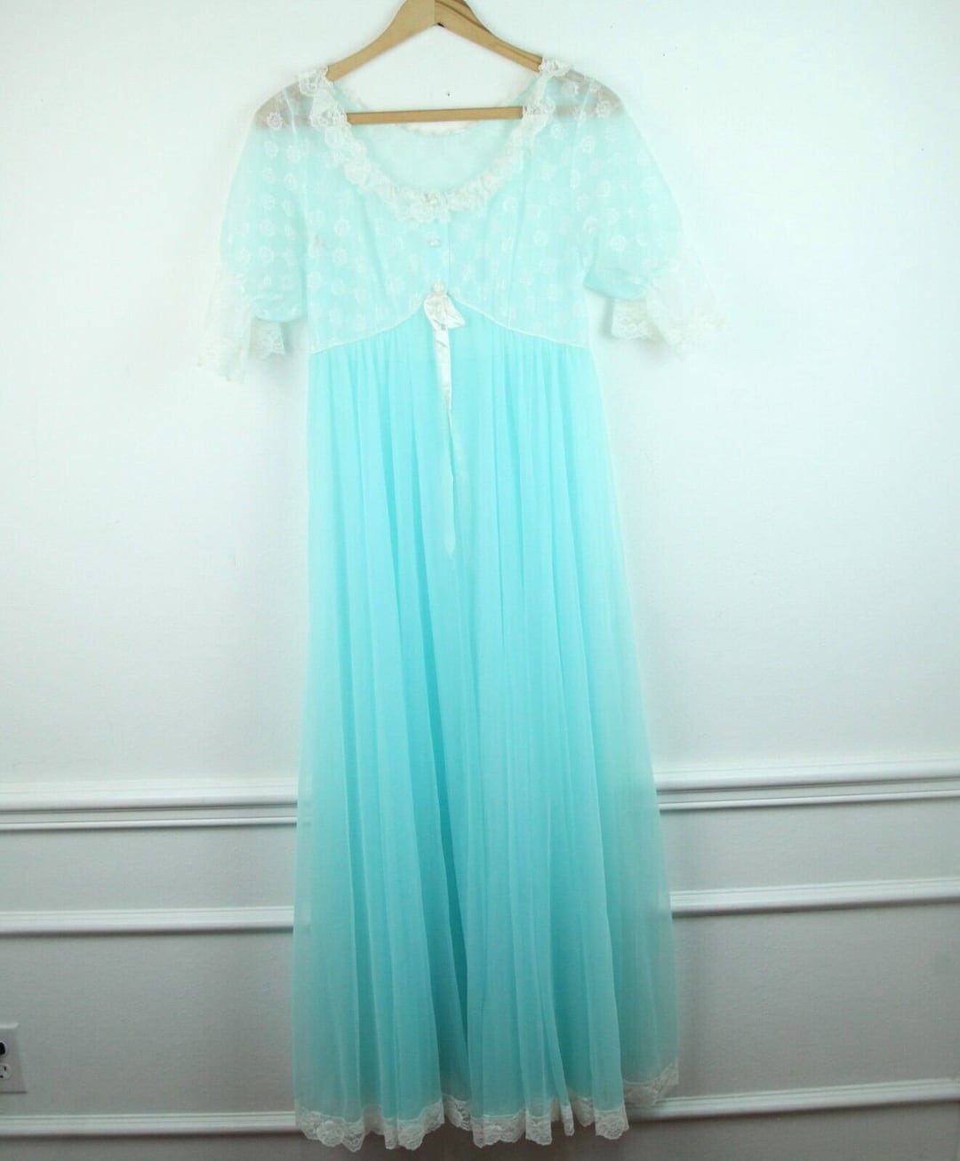 Vintage S M Nylon Robe Peignoir Full Sweep Blue Lace Boho Coquette 60s ...