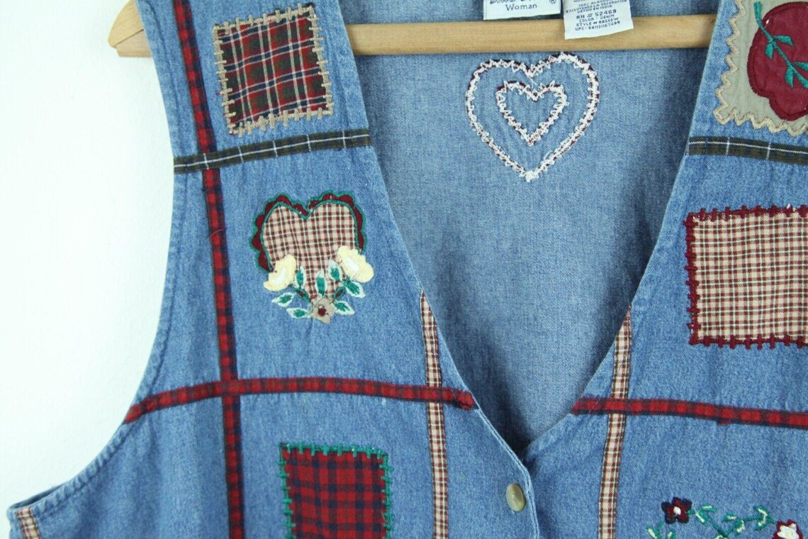 Vintage Women's 18 20 W Denim Vest Farmcore Grannycore Plaid 90s ...