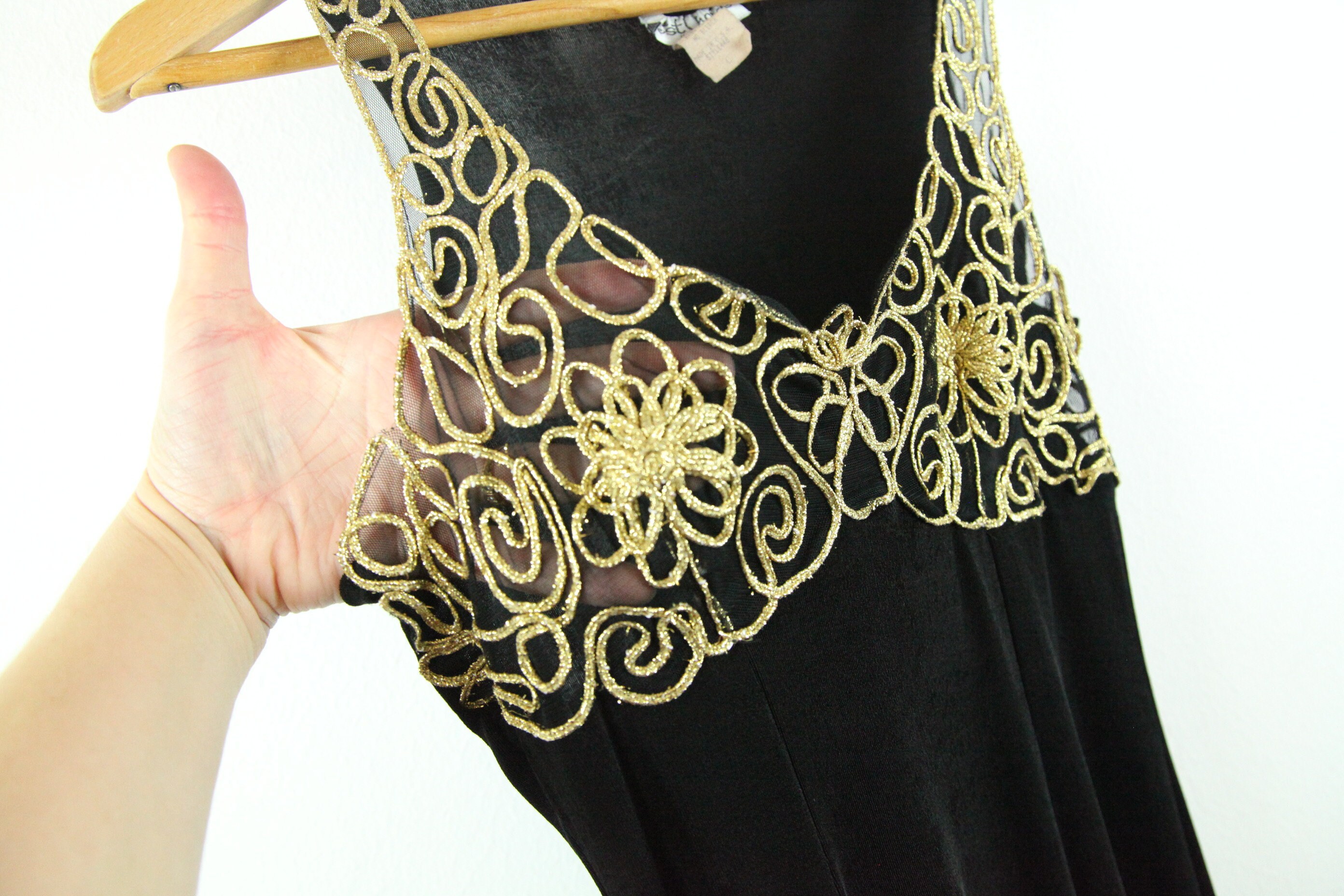 VTG 90s Clingy Nylon Stretch Black Mini Dress Gold Sheer Top Sexy Hip ...