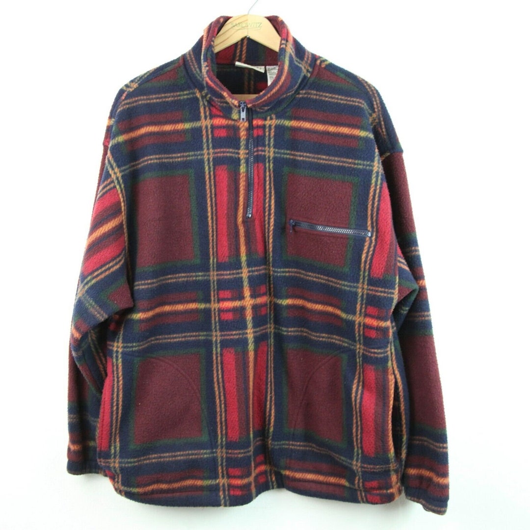 Vintage Mens Medium Fleece Pullover 90s Red Plaid Cabincore Grunge ...