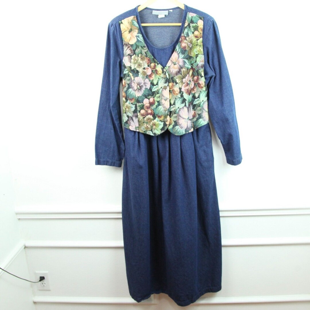 Vintage 90s Long Sleeve Denim Midi Dress Modest 14 Tapestry Vest ...