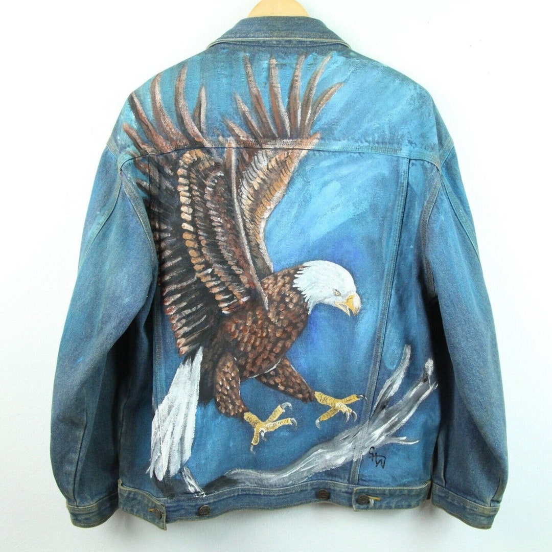 Vintage Painted Denim Jacket 80s Jean Bald Eagle USA Patriotic Large ...