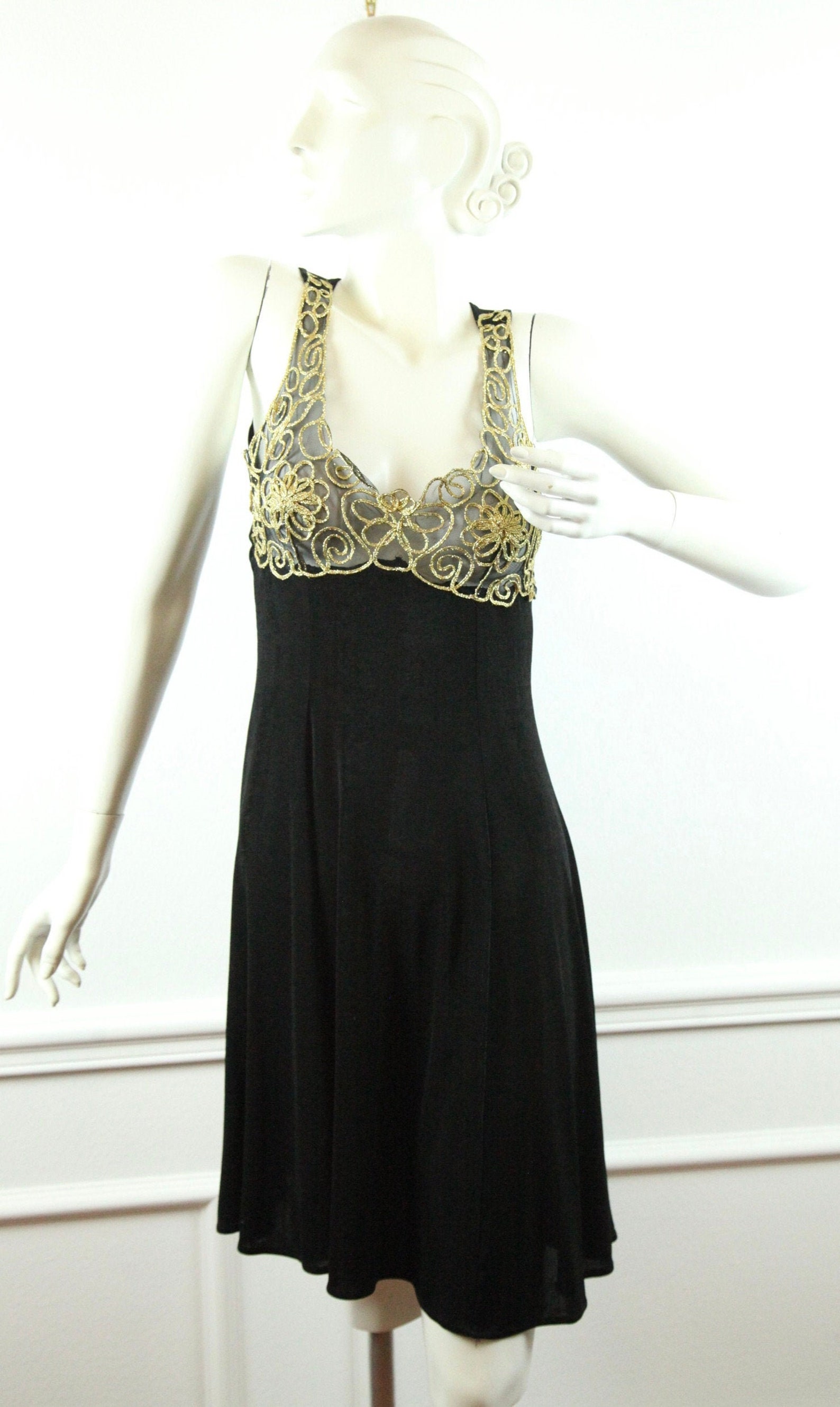 VTG 90s Clingy Nylon Stretch Black Mini Dress Gold Sheer Top - Etsy