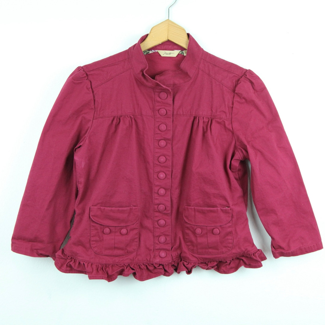 VTG 2010s Twee Crop Jacket Peplum Buttons 3/4 Sleeve Maroon Cotton ...