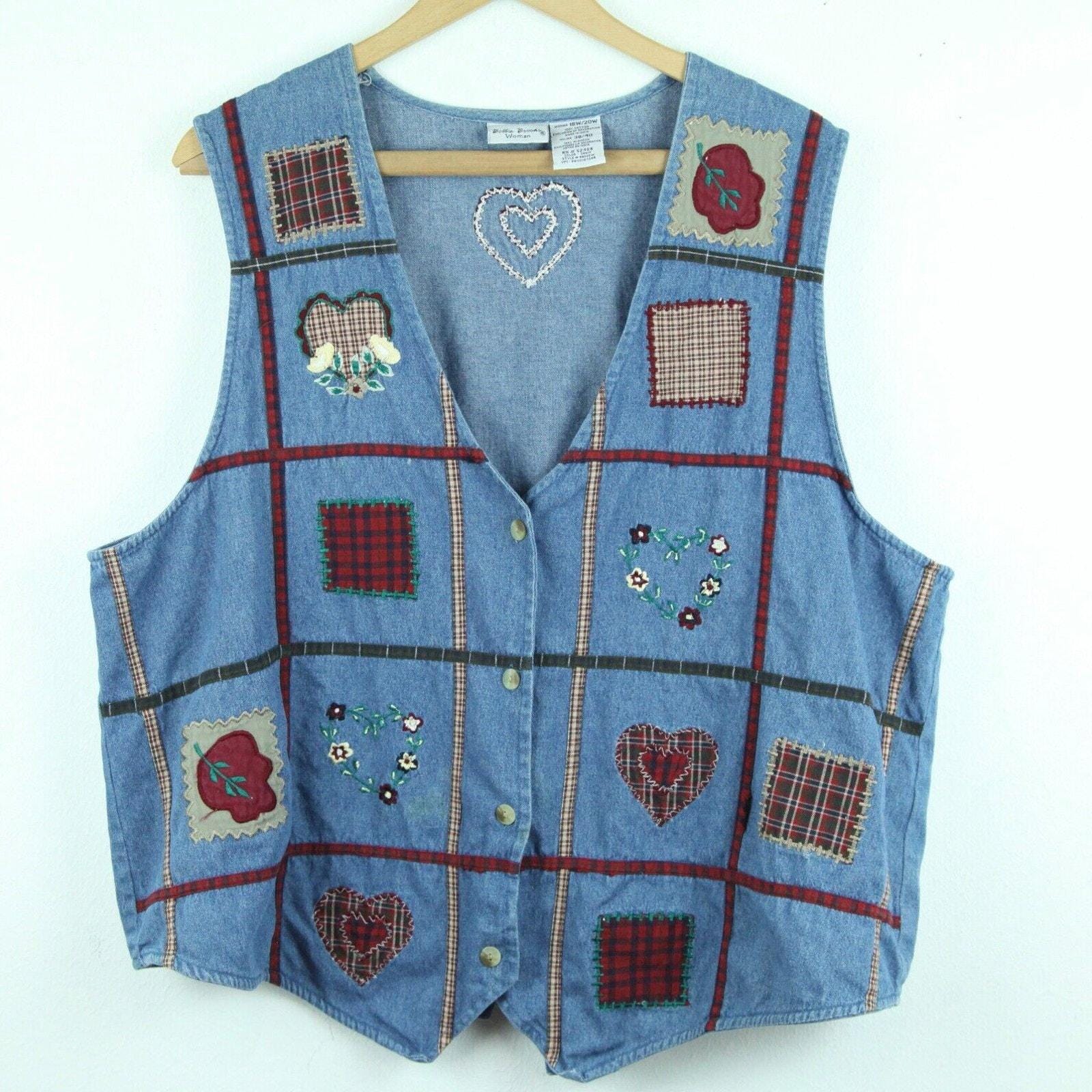 Vintage Women's 18 20 W Denim Vest Farmcore Grannycore Plaid 90s ...