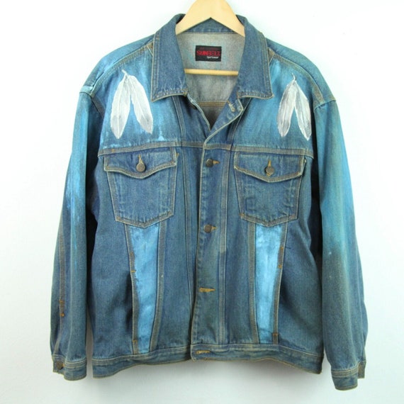 Vintage Painted Denim Jacket 80s Jean Bald Eagle USA … - Gem