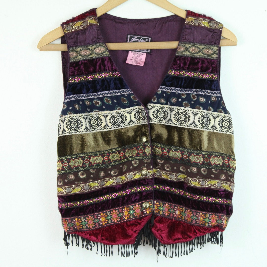 FLAW VTG Rayon Vest 90s Velvet Embroidered Ribbon Fringe Boho Ren Faire ...