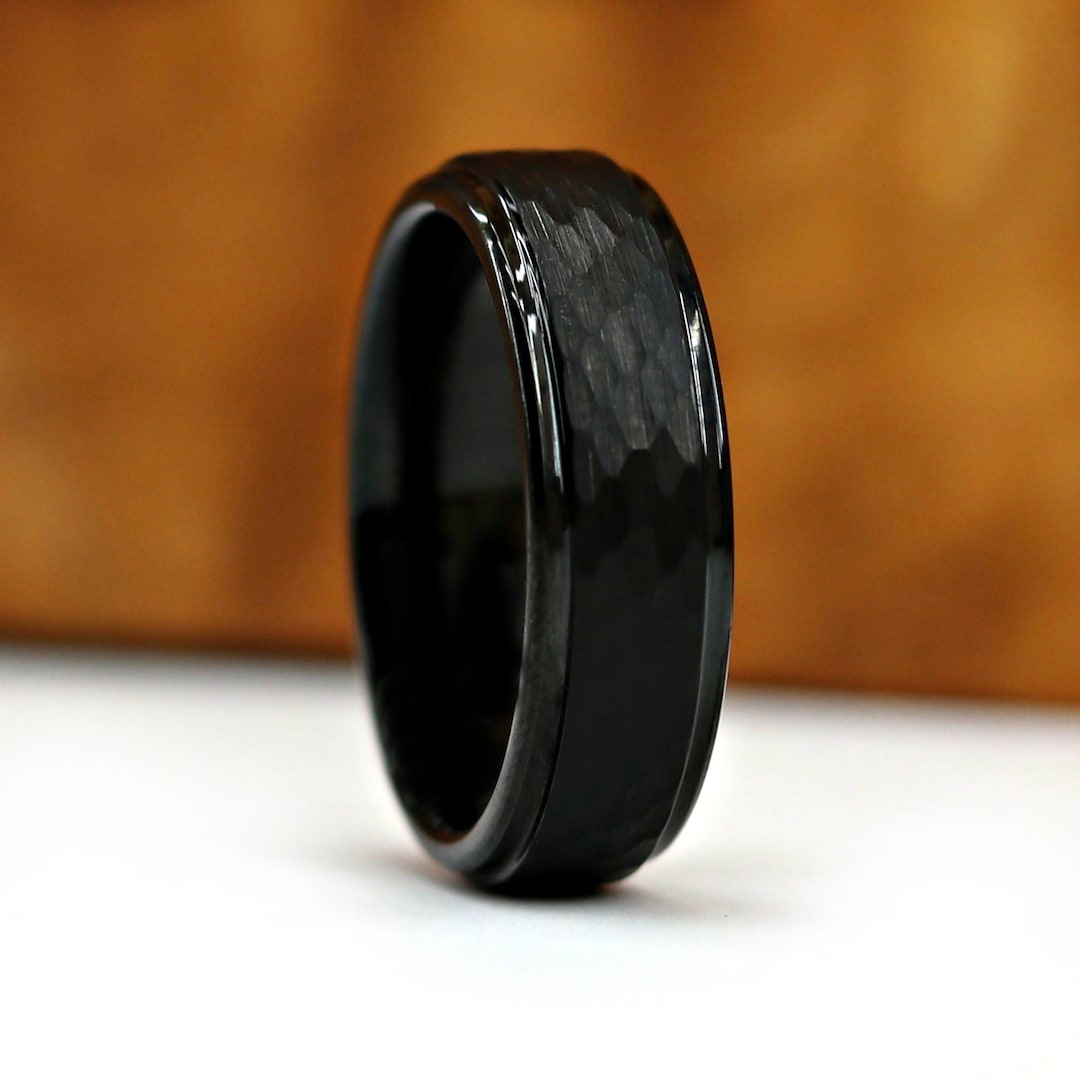 The Obscura, Black Tungsten Ring, Black Hammered Ring, Minimalist ...