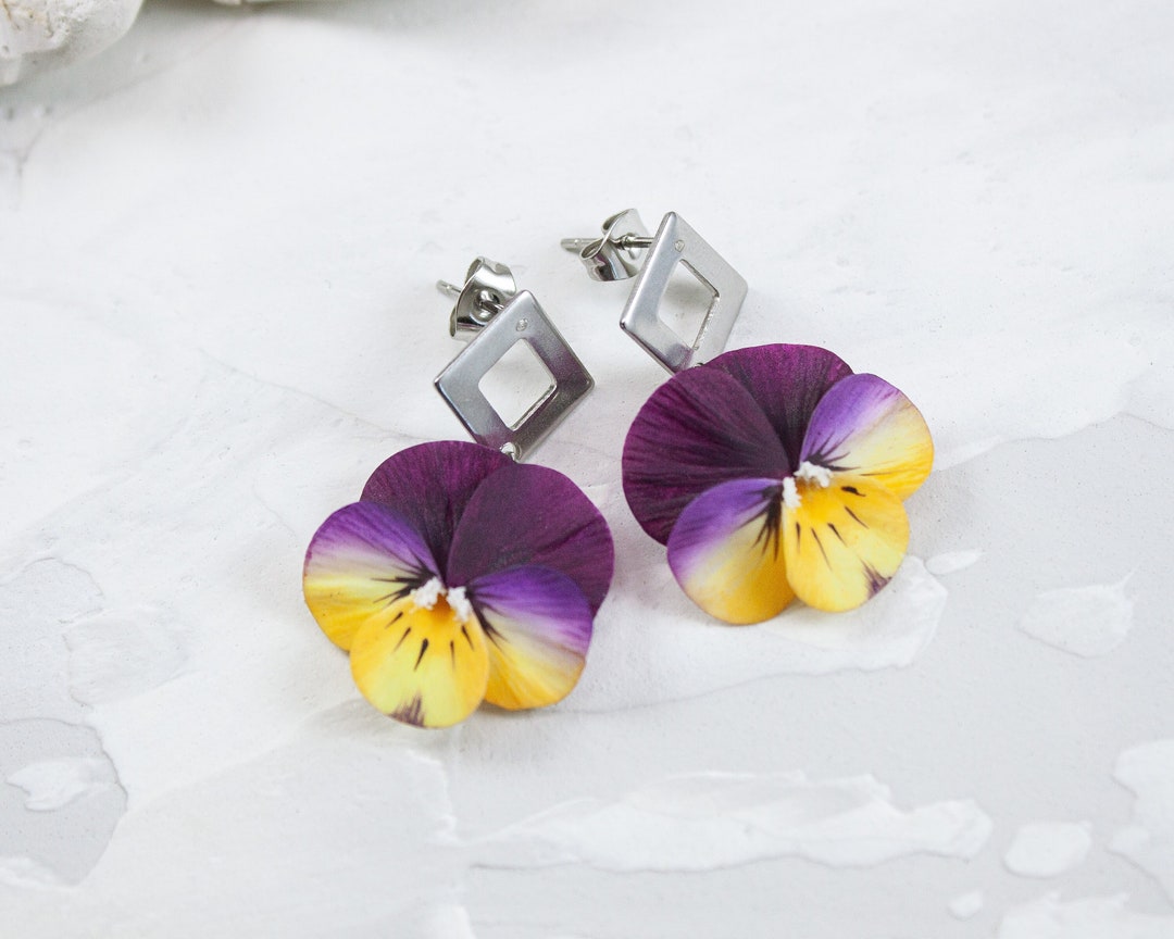 Pansy Stud Earrings Realistic Flower Earrings Floral Earrings With Burgundy-yellow Pansies - Etsy
