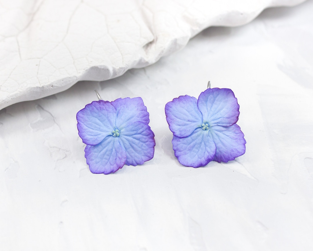 Hydrangea Earrings, Realistic Flower Earrings, Purple Blue Hydrangea ...