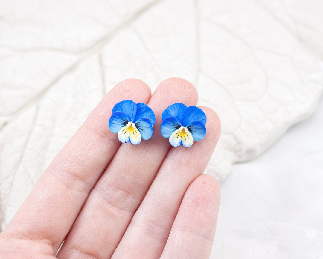 Miniature Blue Pansy Stud Earrings: Handmade Polymer Clay Floral ...