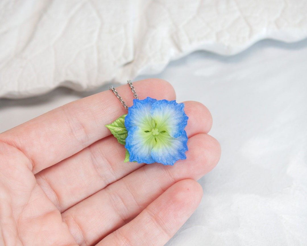Blue Hydrangea Pendant: Handmade Polymer Clay Floral Necklace - Etsy