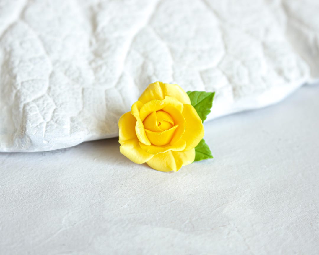 Yellow Rose Brooch, Realistic Polymer Clay Flower Pin, Romantic Floral ...
