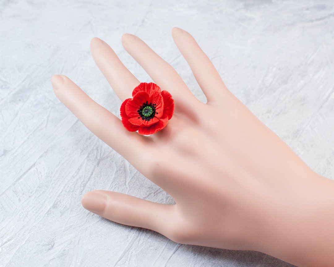 Red Poppy Ring, Handmade Polymer Clay Flower Jewelry - Etsy