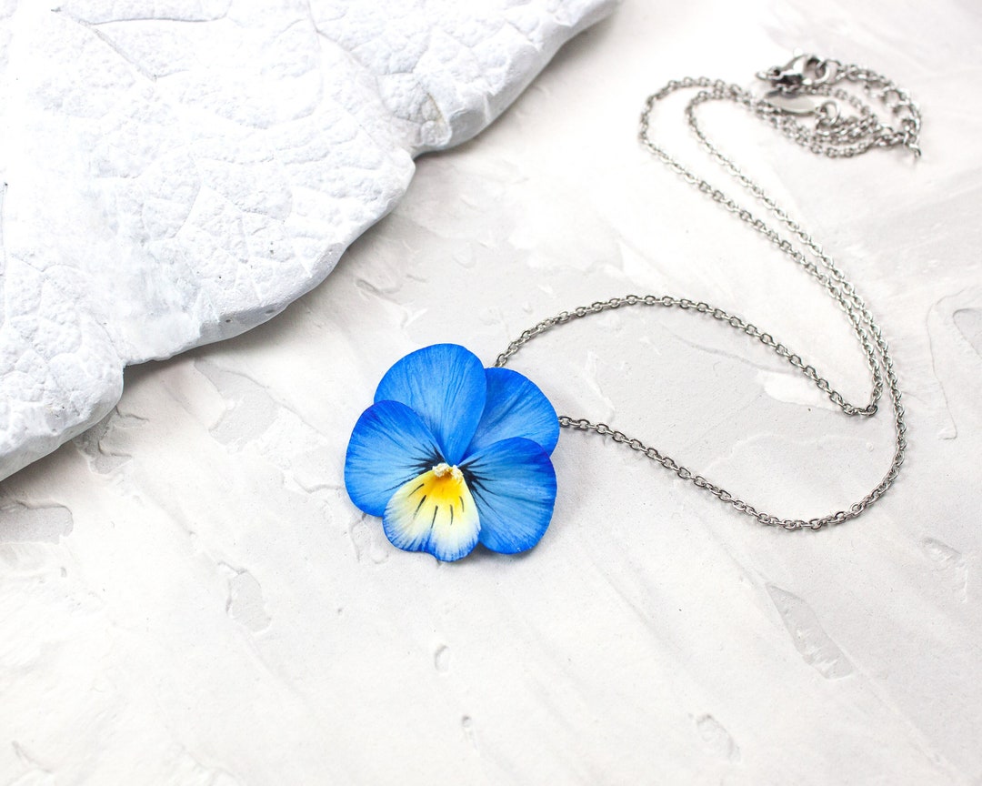 Blue Pansy Pendant, Realistic Floral Necklace, Pansy Jewelry Clay, Blue ...
