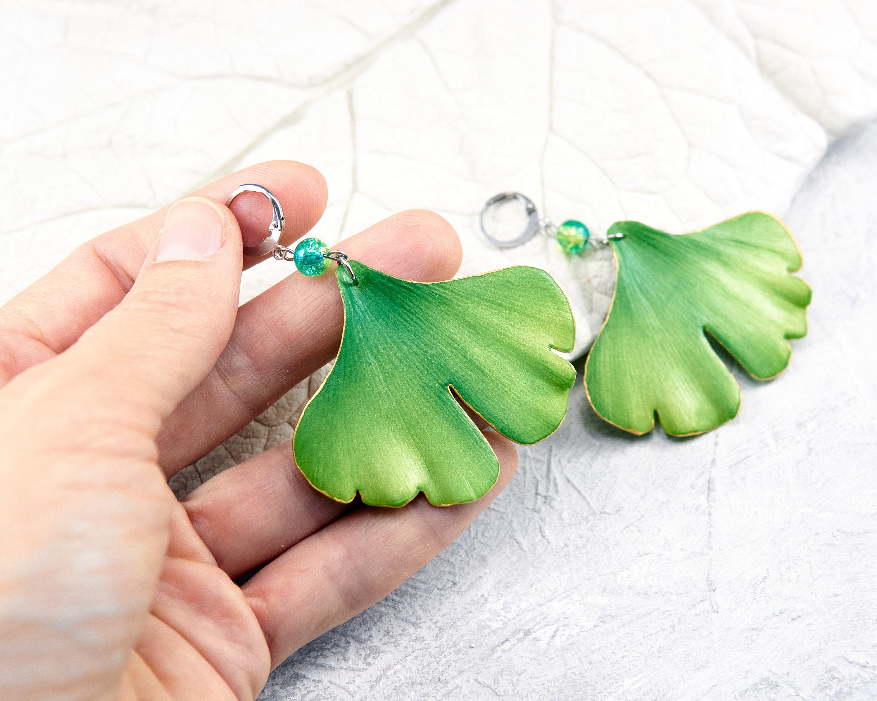 Ginkgo Biloba Leaf Earrings Green Dangle Earrings Long leaf | Etsy