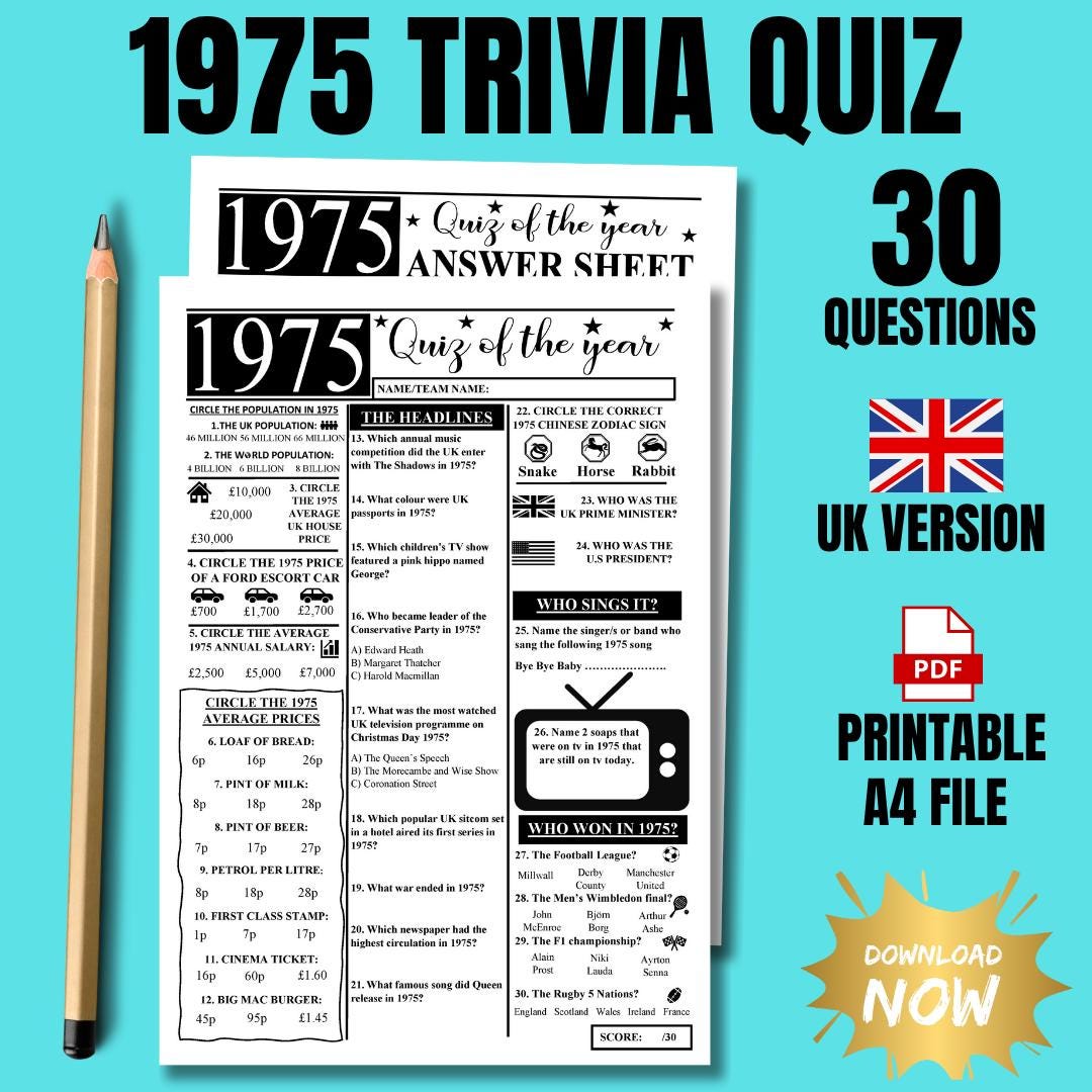 1975 Trivia Quiz Printable | 50th Birthday Party Game | 1970s Quiz | UK ...