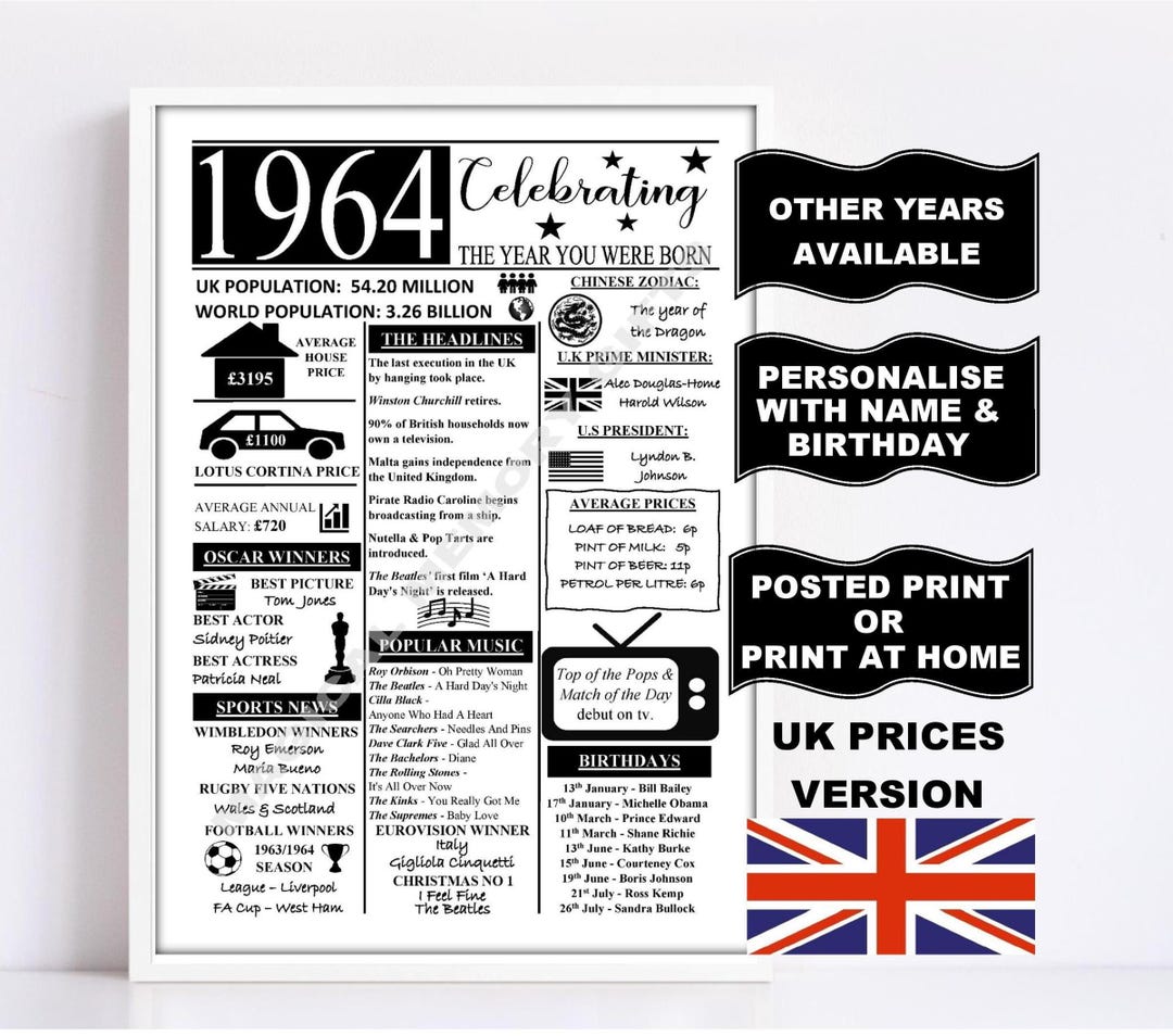 1964 the Year You Were Born Print Gift UK Version Personalised Options ...