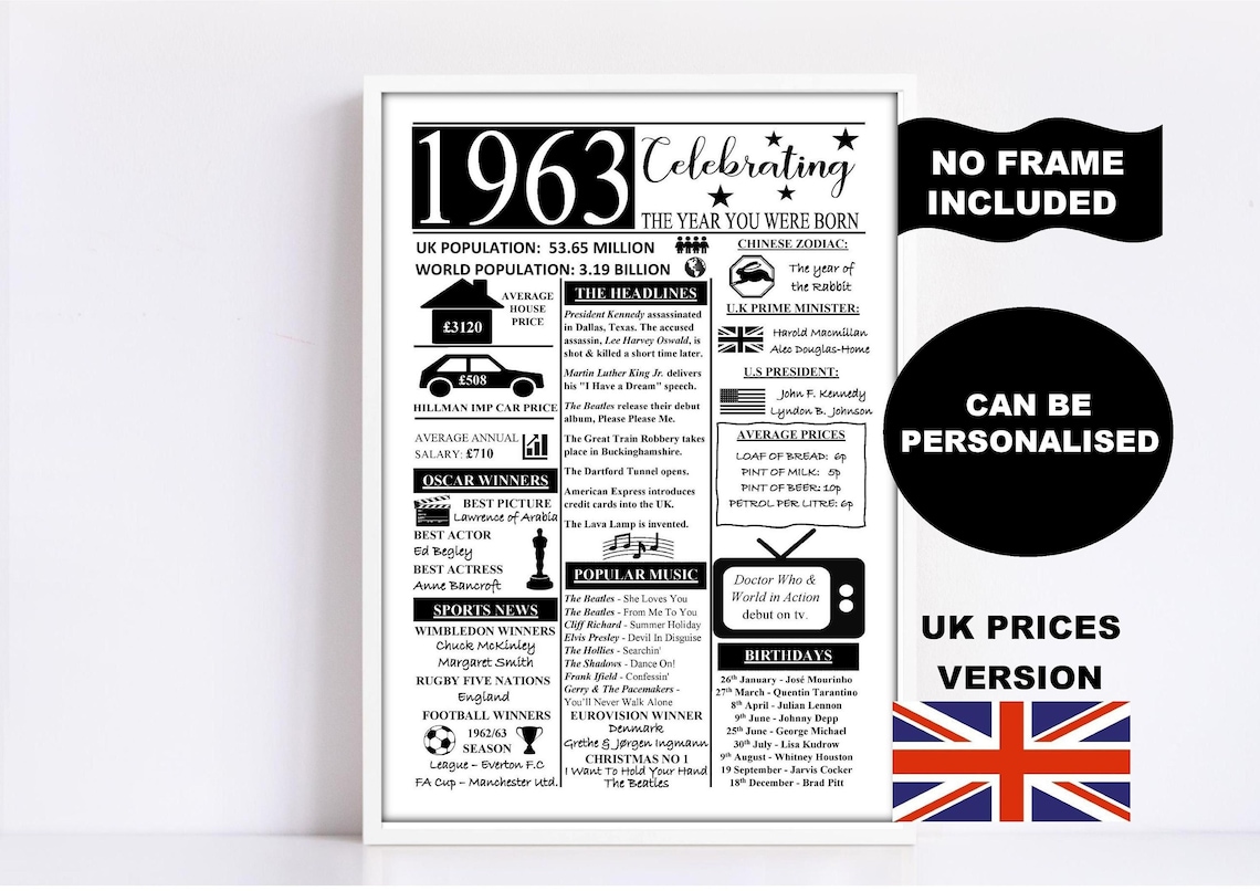 1963 the Year You Were Born Print Gift UK Version Personalised - Etsy UK