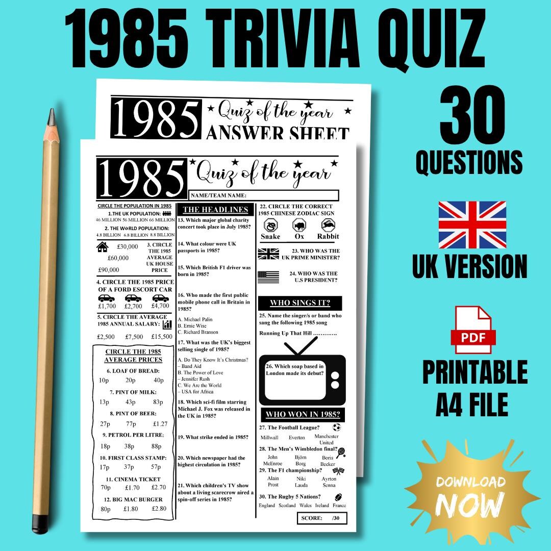 1985 Trivia Quiz: 40th Birthday Party Game (UK Version, PDF Download ...