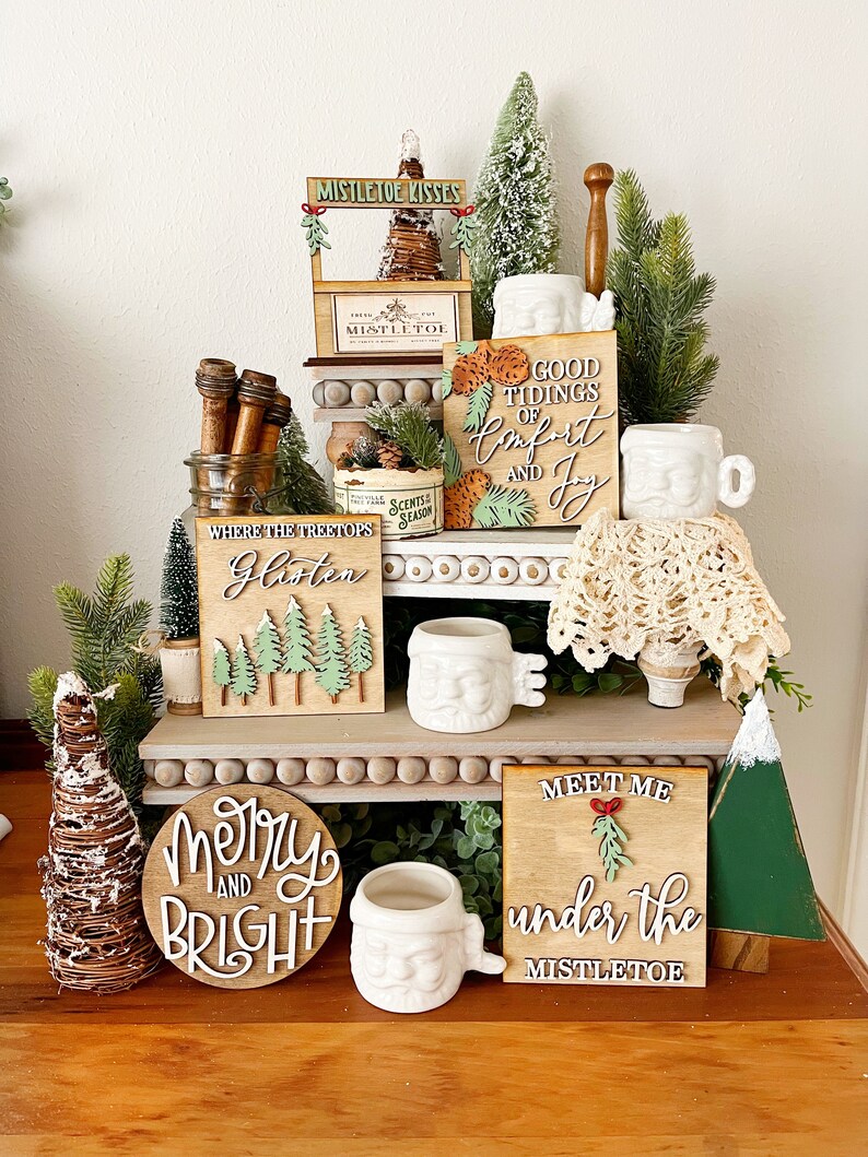 Meet Me Under the Mistletoe Sign, Tiered Tray Christmas Theme, Neutral ...