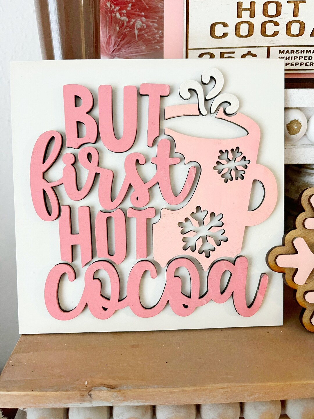 But First Hot Cocoa Sign | Pink Winter Tiered Tray Decor | Farmhouse ...