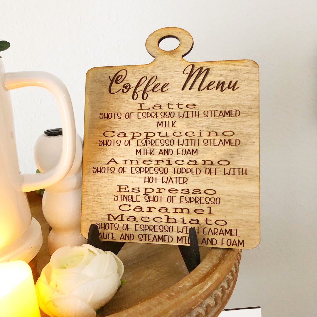 Mini Coffee Menu Sign • Laser Engraved Coffee Bar Decor • Tiered Tray ...