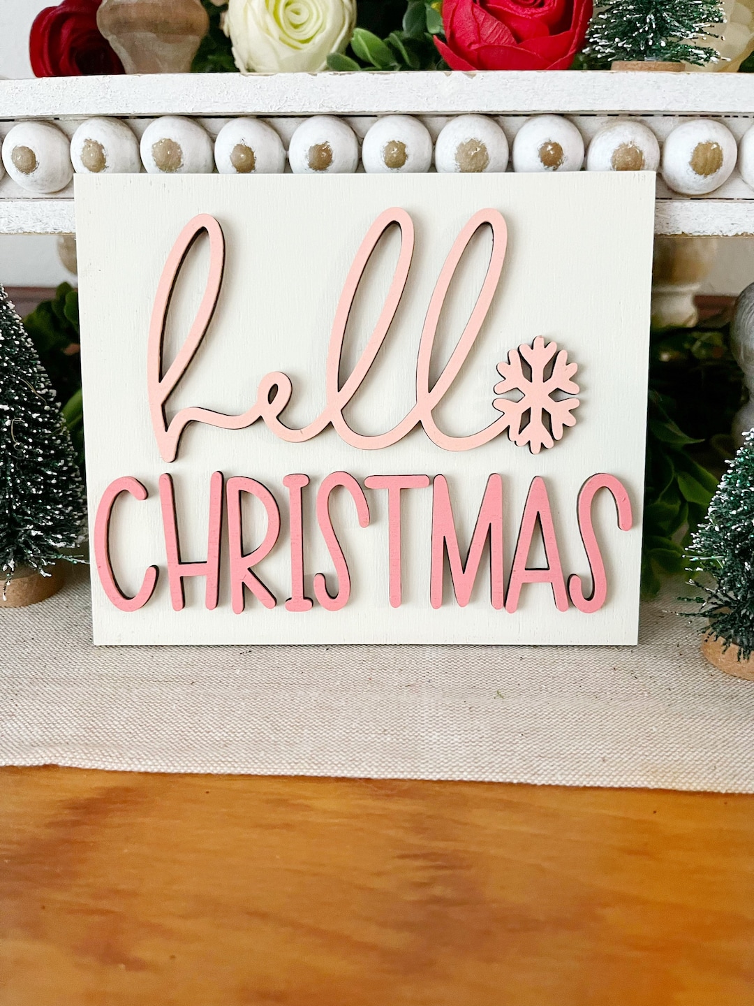 Hello Christmas Sign, Tiered Tray Christmas Theme, Pink Christmas ...