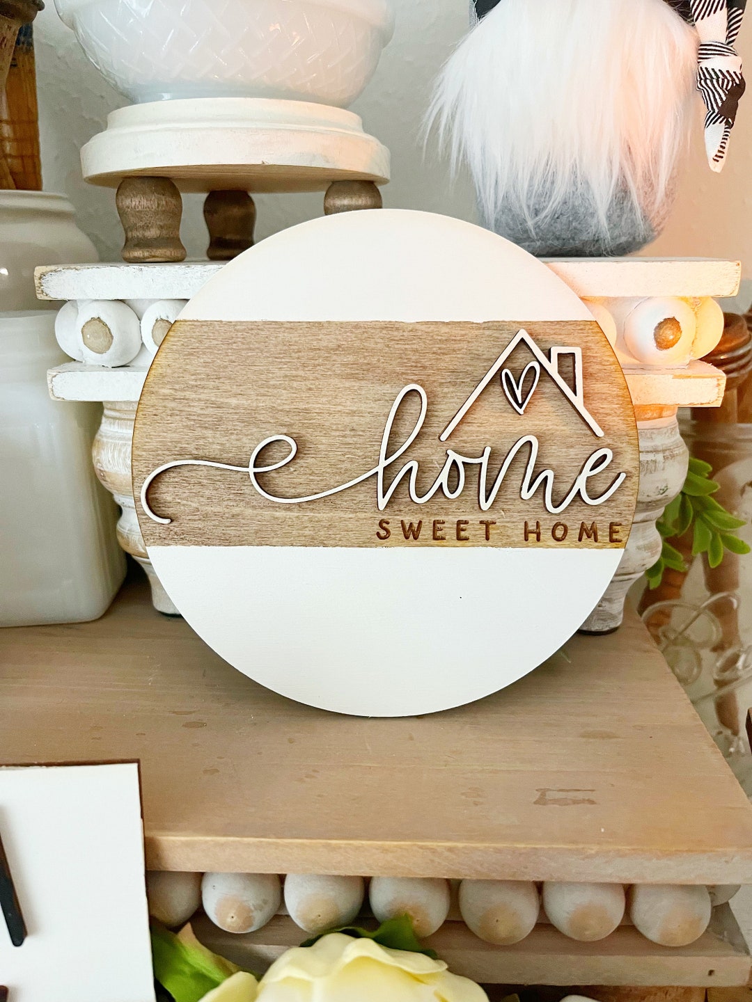 Home Sweet Home Round Sign | Farmhouse Tiered Tray Decor | Neutral Mini ...