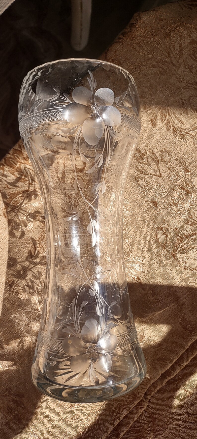 Vintage Tall MCM Corset Vase Cut Glass Floral Etched - Etsy