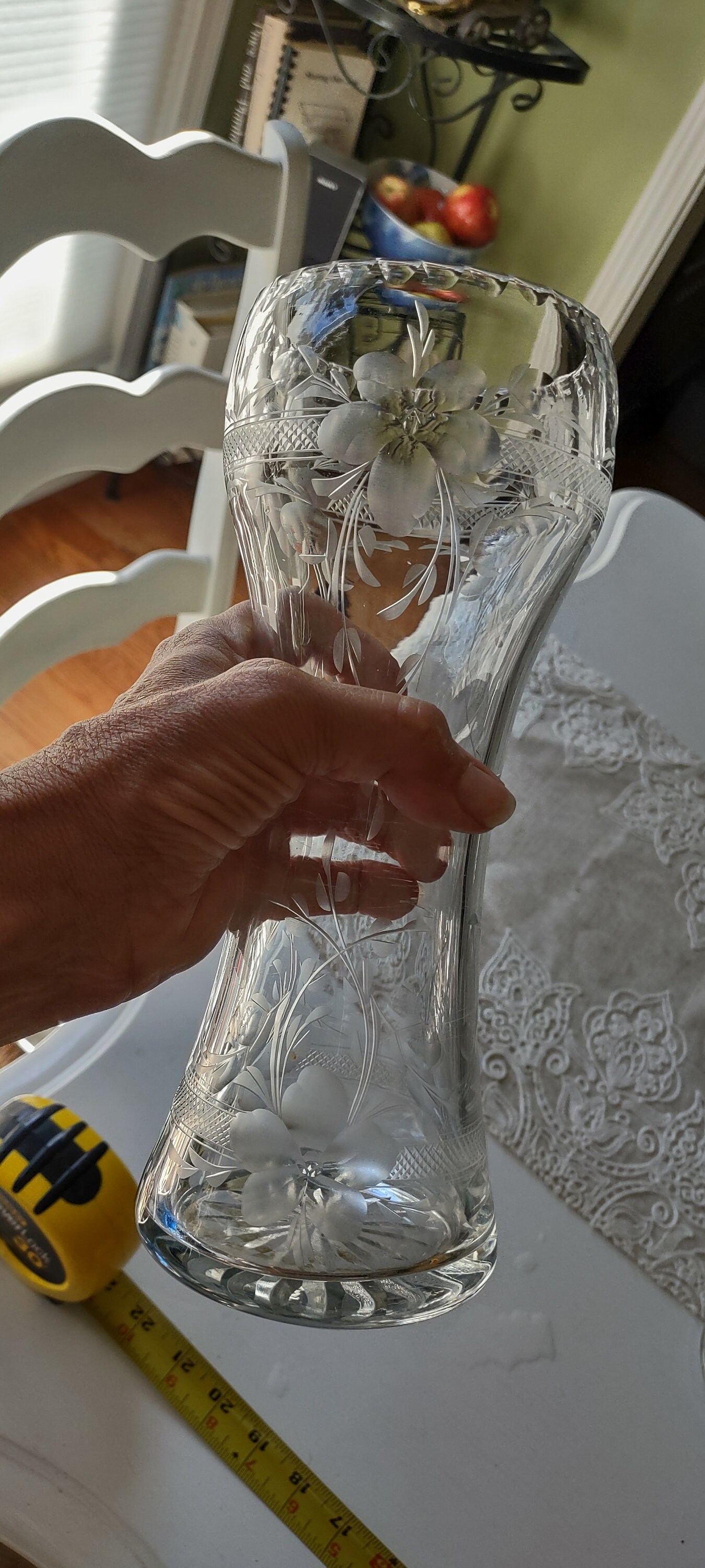 Vintage Tall MCM Corset Vase Cut Glass Floral Etched - Etsy