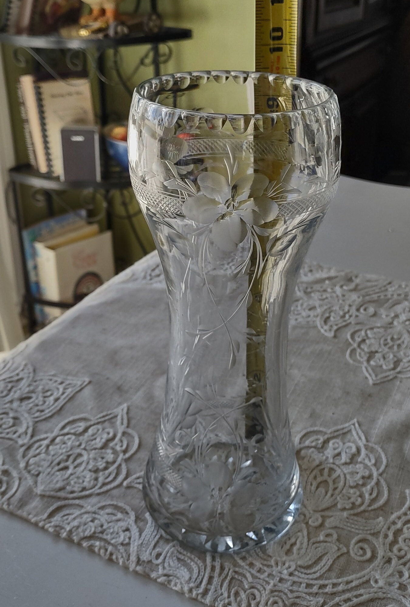 Vintage Tall MCM Corset Vase Cut Glass Floral Etched - Etsy