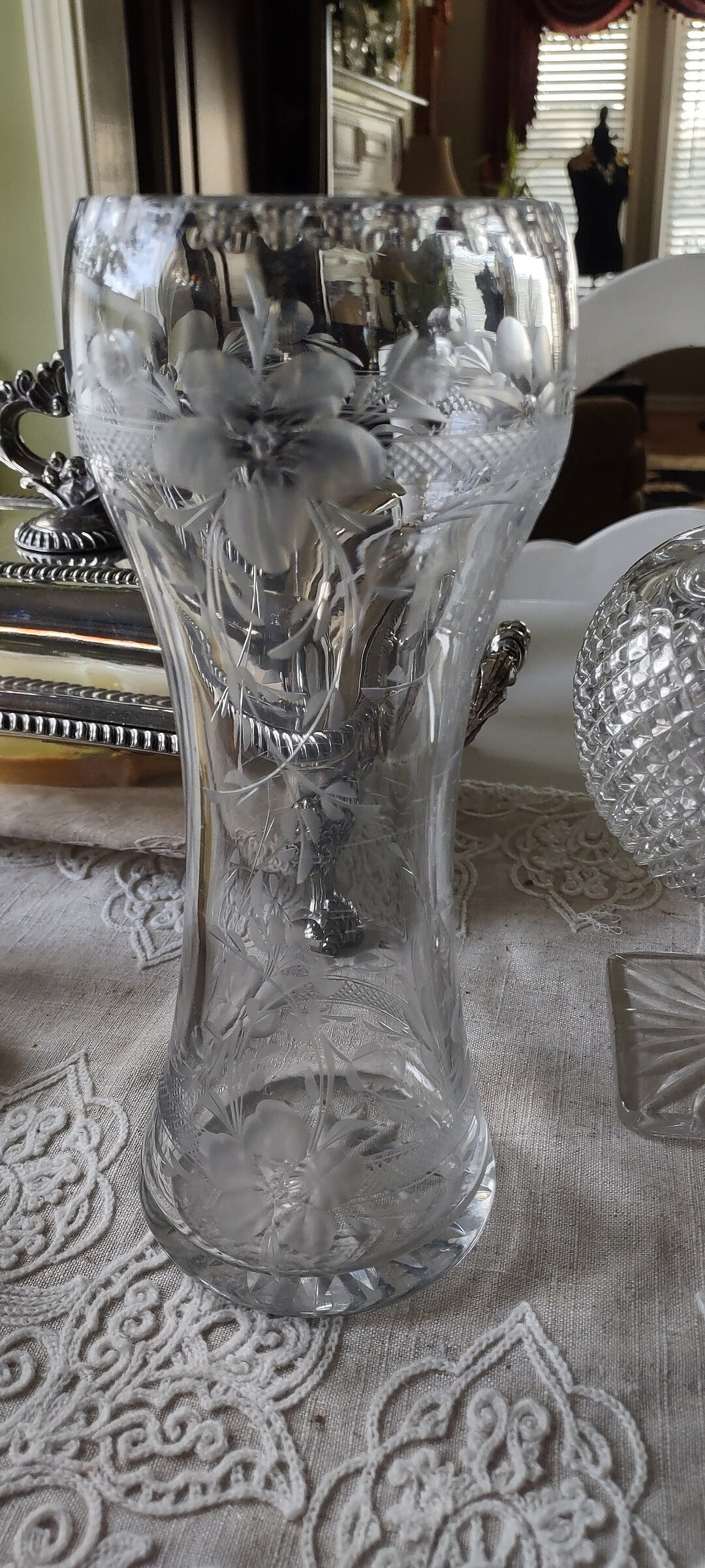Vintage Tall MCM Corset Vase Cut Glass Floral Etched - Etsy