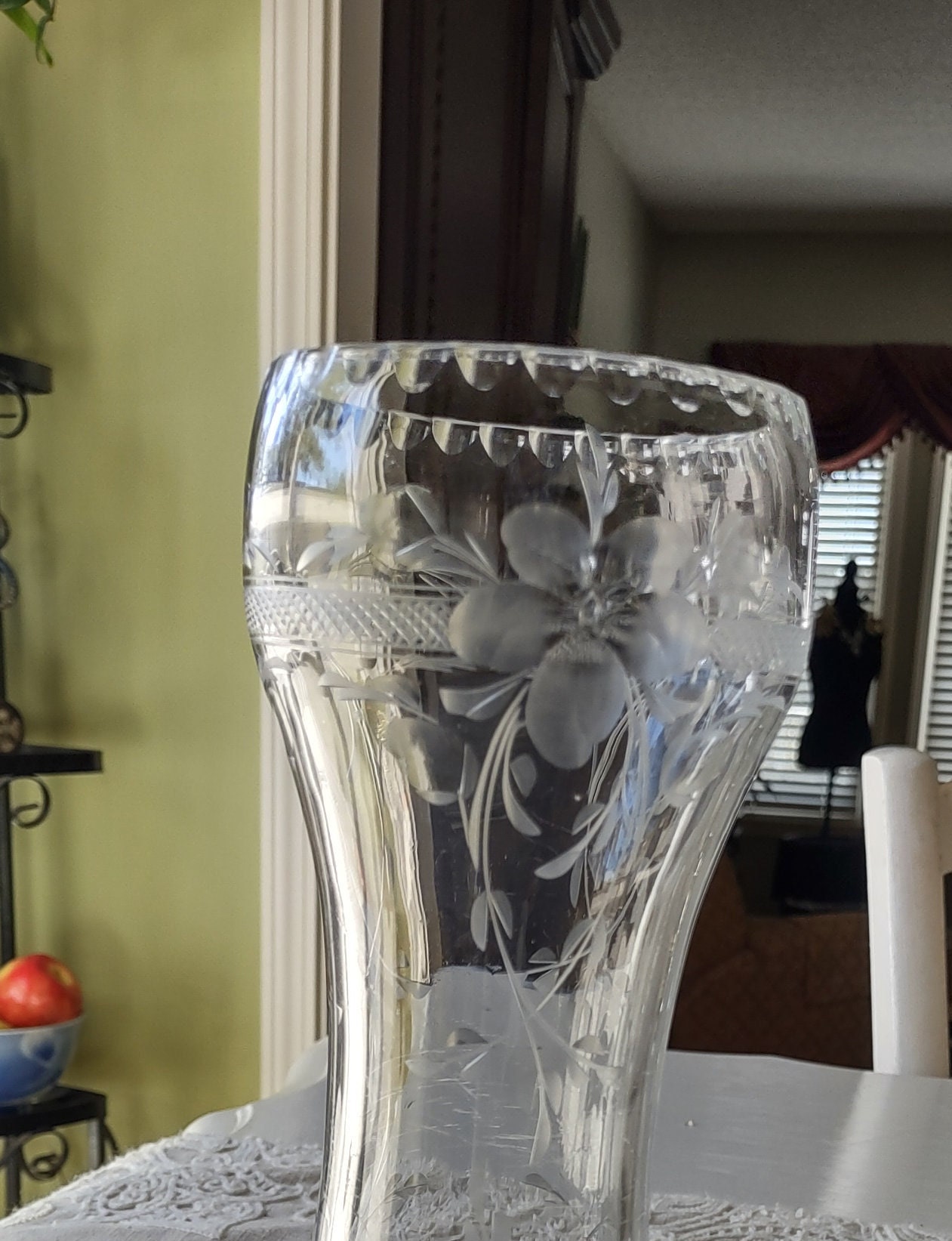Vintage Tall MCM Corset Vase Cut Glass Floral Etched - Etsy