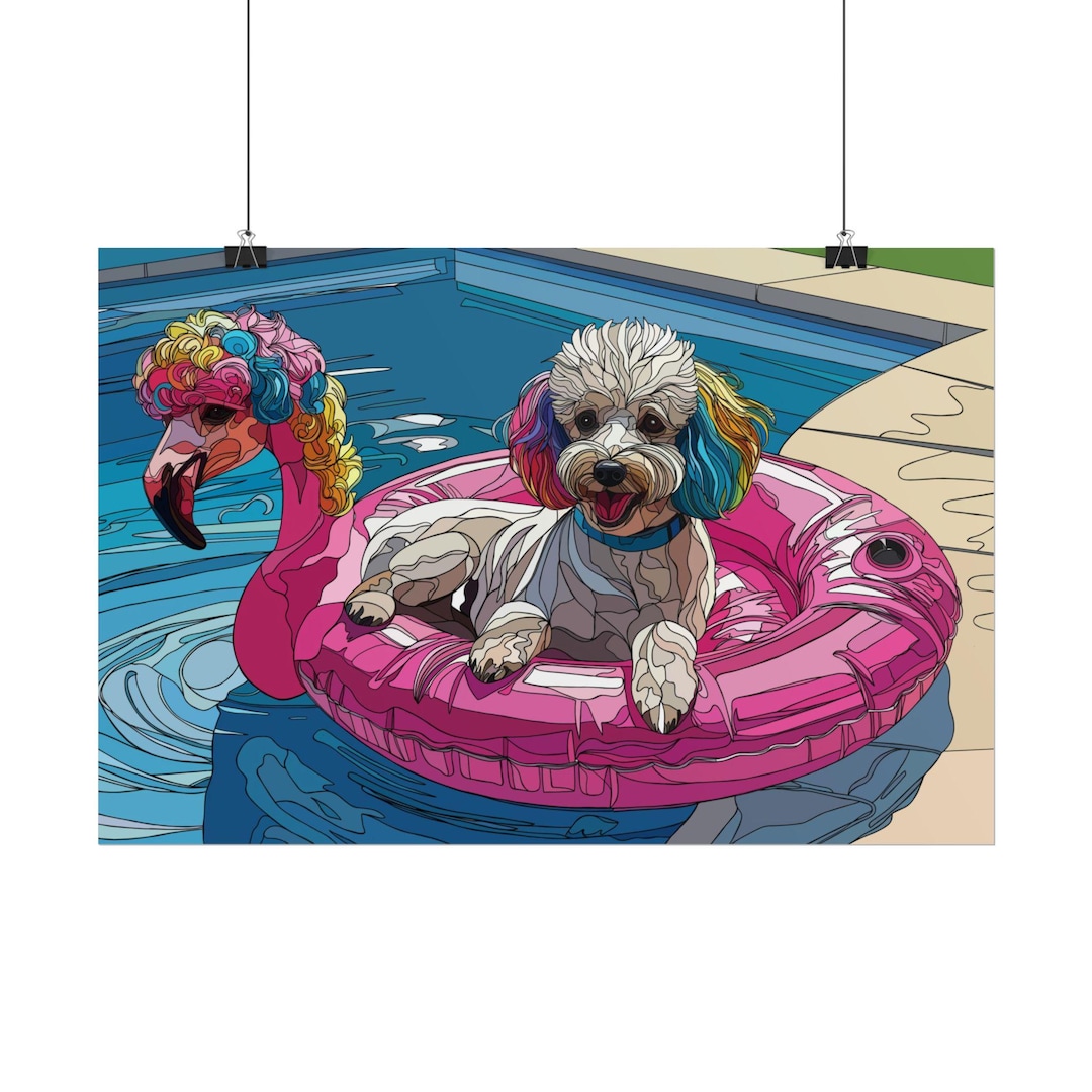 Colorful Poodle Pool Art Print, Poodle on Flamingo Floaty With Mullet ...