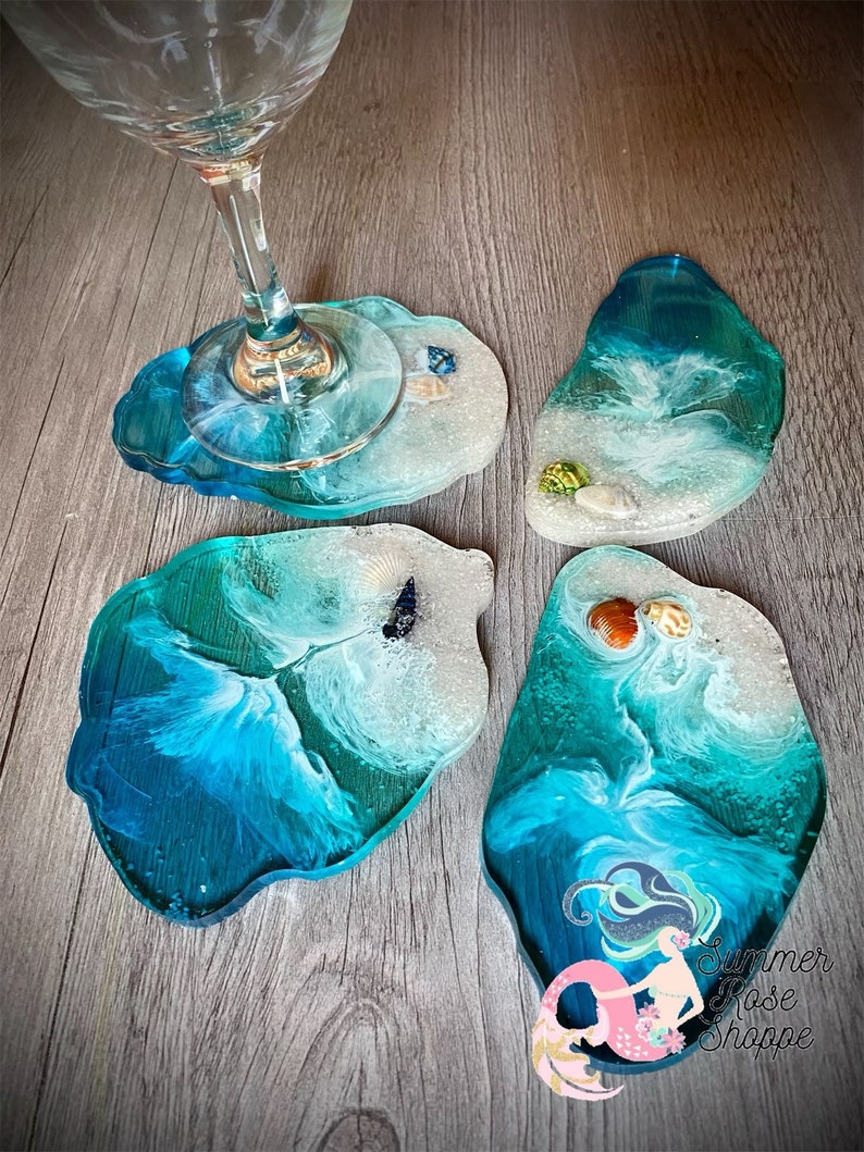 Beach Ocean Themed Resin Coasters - Wine Glass - Sand and Sea Coaster ...