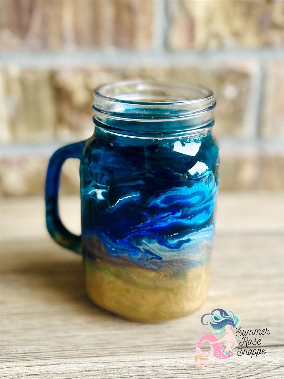 Blue Beach Ocean Themed Glass Mason Jar - Blue Teal and Gold - Custom ...