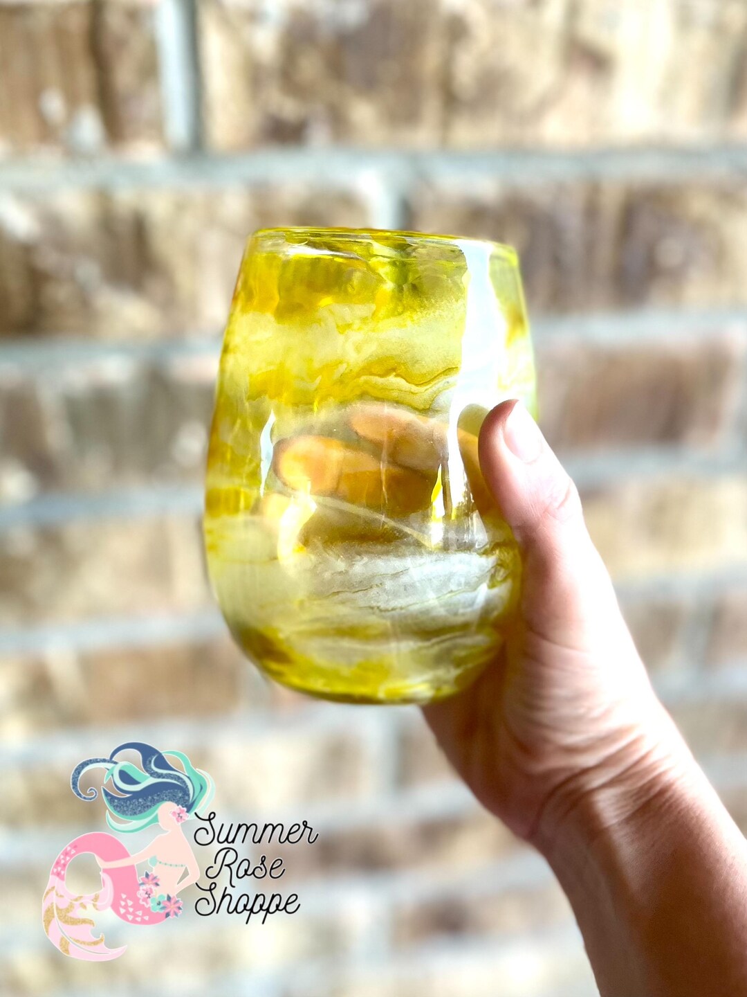 Yellow Swirls Stemless Wine Glass - Yellow Wine Glass - Yellow Drinking ...