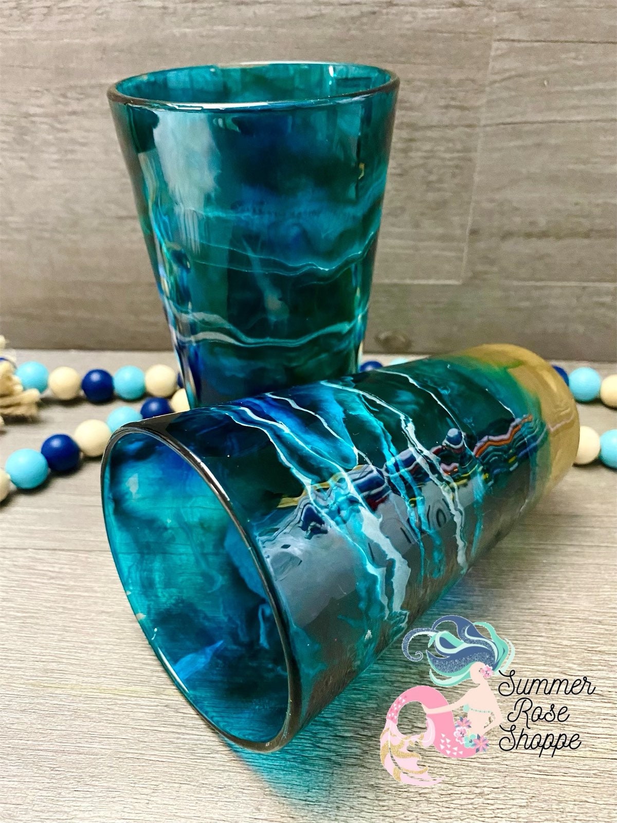 Beach Ocean Themed Drinking Glass - Blue Teal and Gold - Ocean Bar ...