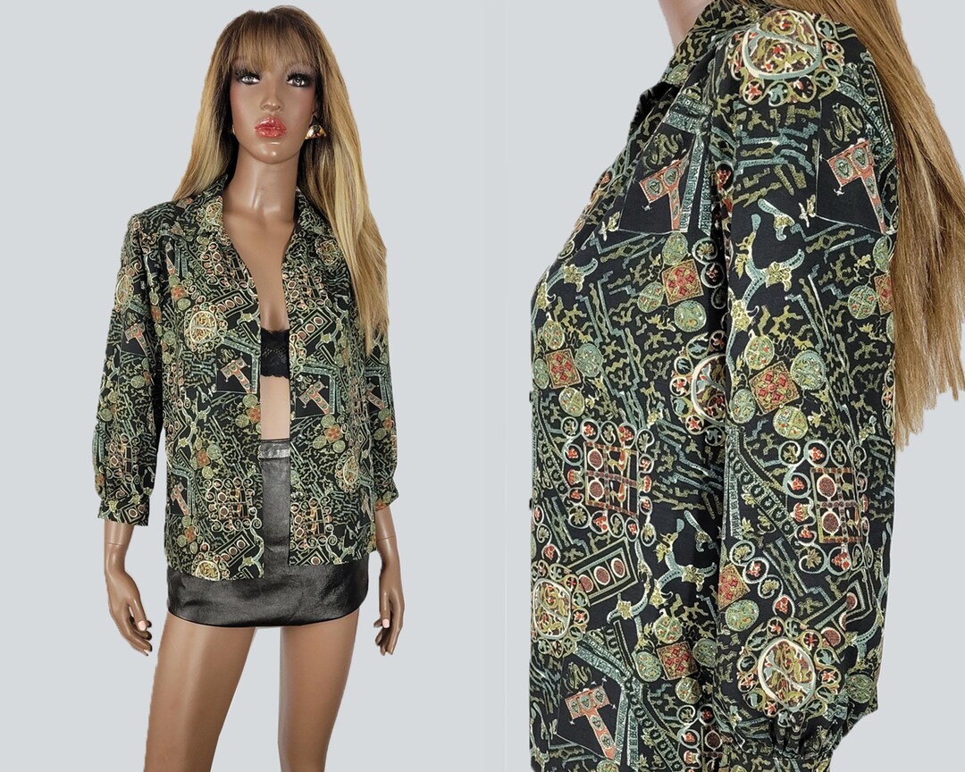 Vintage 90's Earth Tone Blouse | Olive Green Blouse | Rustic Print ...