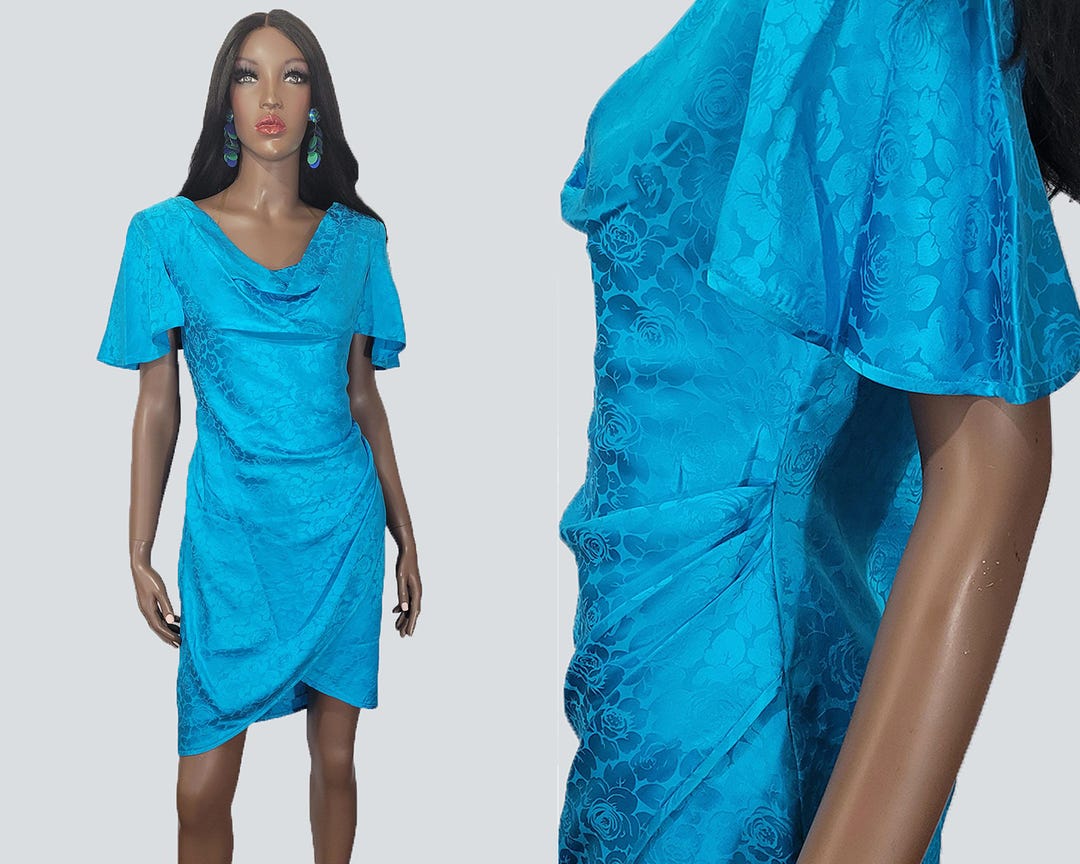 90's VINTAGE Turquoise Blue Silk Dress | Blue V-neck Dress | Turquoise ...