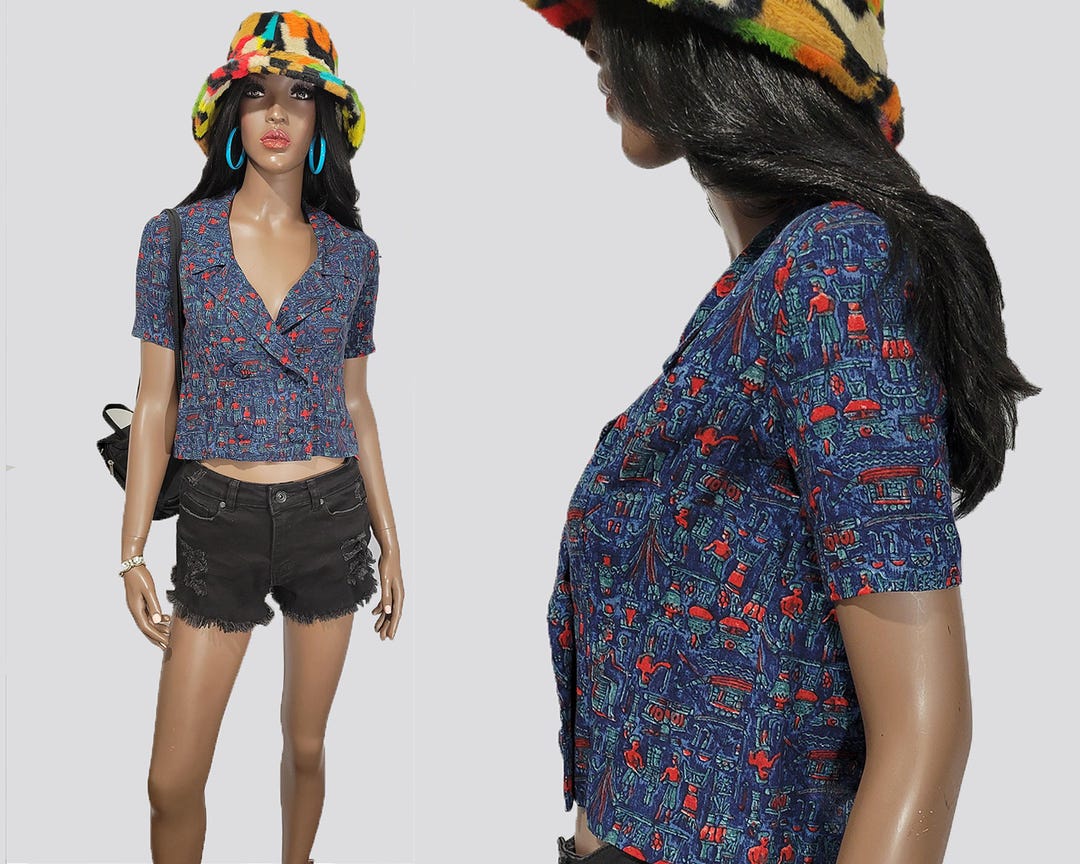 90s VINTAGE Red & Blue Crop Top | 90s Navy Blue Crop Top | 90s Clothing ...