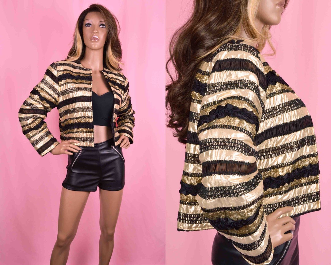 Black Gold Stripe Jacket 90s Vintage Dressy Gold Jacket Black Lace ...