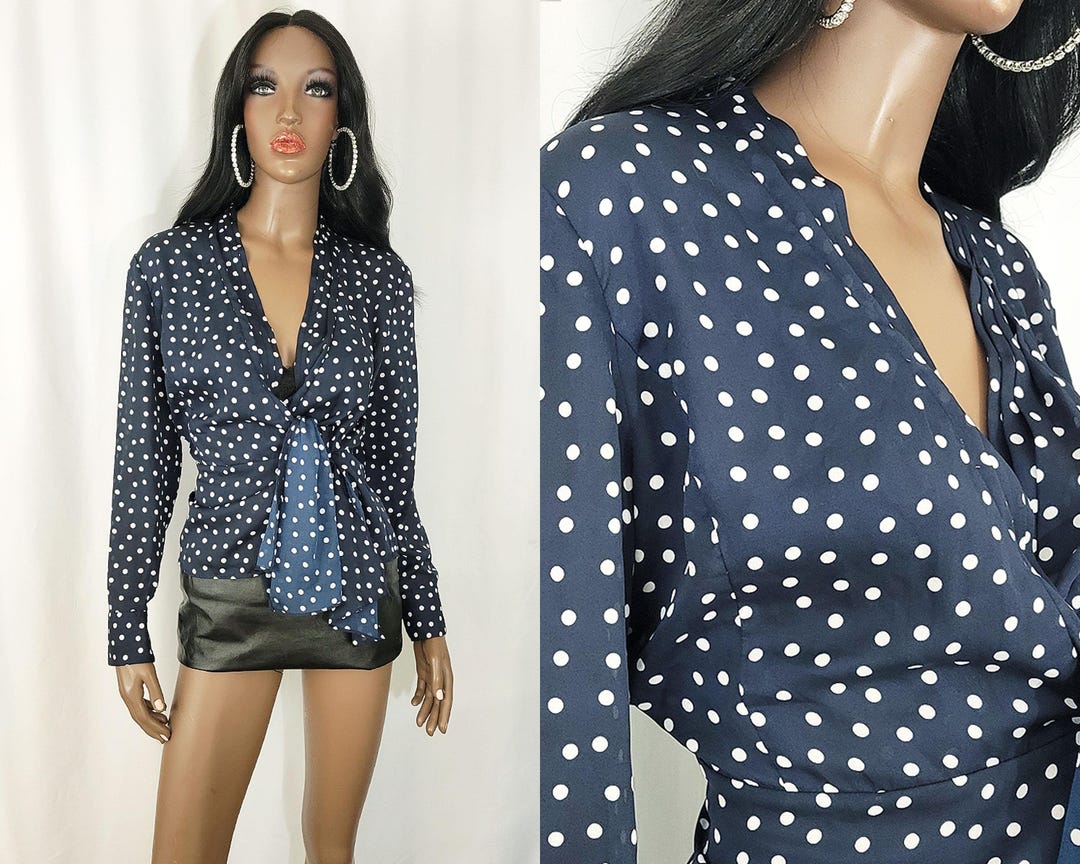 Retro 90's Navy Blue Polka Dot Blouse | VINTAGE 1990's Polka Dot Blouse ...