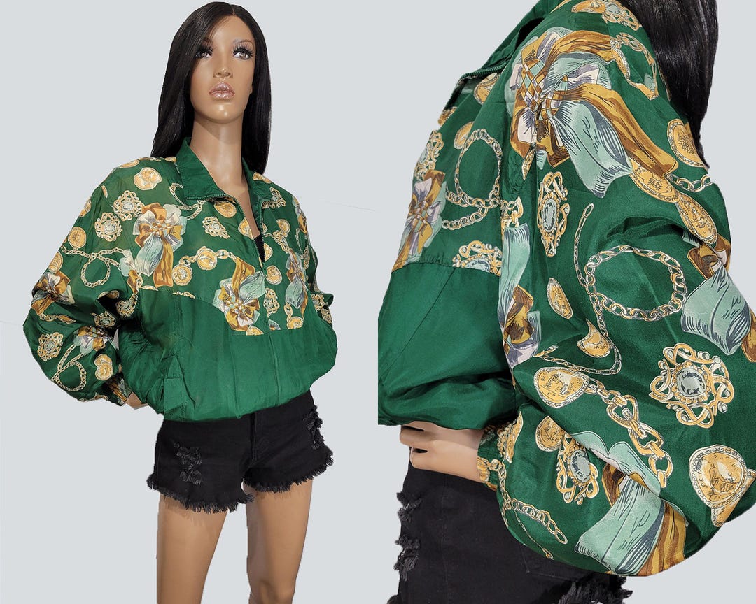 RETRO 90's Emerald Green Silk Jacket | 90's Windbreaker Jacket With ...
