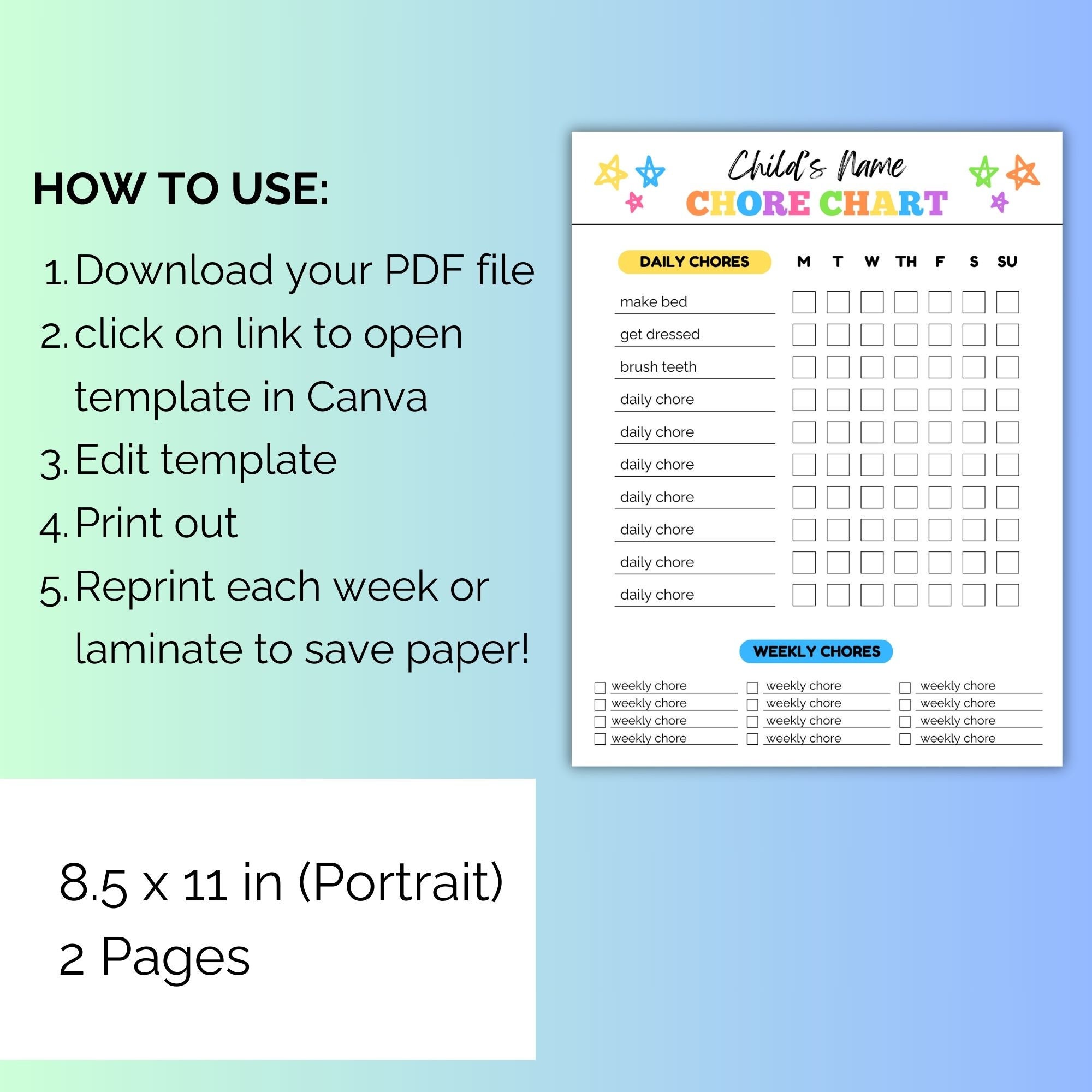 Editable Chores Chart, Printable Responsibilities Chart, Kids Weekly ...
