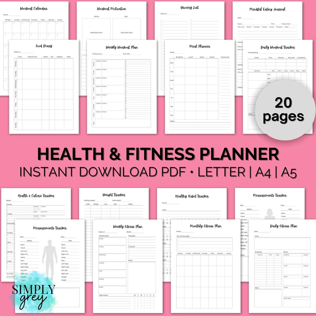 Health & Fitness Printable Planner, Fitness Tracker, Wellness Journal ...